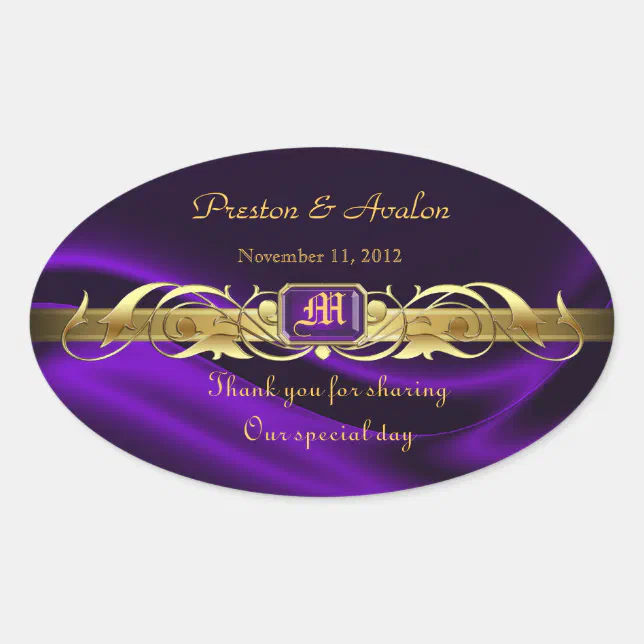 Purple Silk Gold Scroll Oval Wedding Wine Sticker | Zazzle