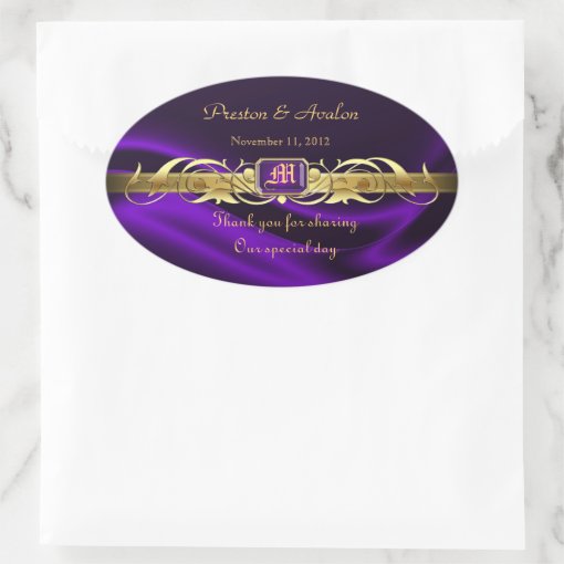 Purple Silk Gold Scroll Oval Wedding Wine Sticker | Zazzle