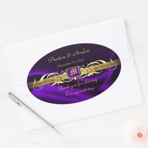 Purple Silk Gold Scroll Oval Wedding Wine Sticker | Zazzle