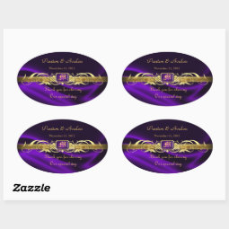 Purple Silk Gold Scroll Oval Wedding Wine Sticker | Zazzle