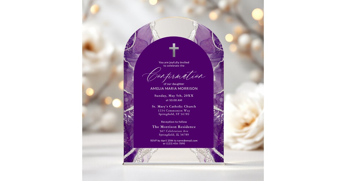 Purple Silver Agate Confirmation Modern Acrylic Invitations | Zazzle