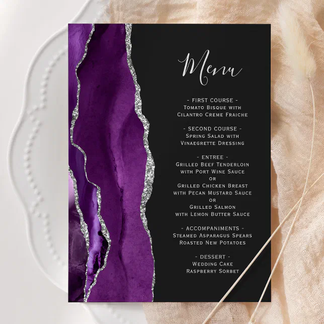 Purple Silver Agate Dark Wedding Menu | Zazzle
