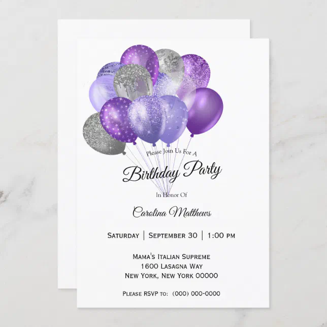 Purple Silver Balloons Birthday Invitation | Zazzle