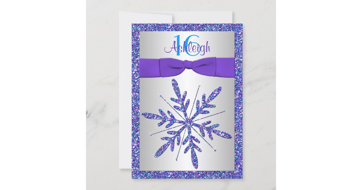 Purple, Silver, Blue Snowflake Birthday Invitation | Zazzle