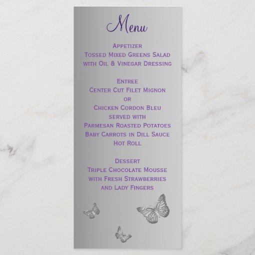 Purple Silver Butterfly Floral Menu Card | Zazzle