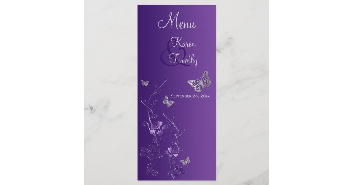 Purple Silver Butterfly Floral Menu Card | Zazzle