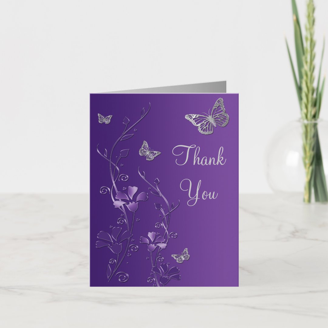 Purple Silver Butterfly Floral Thank You Note Card | Zazzle