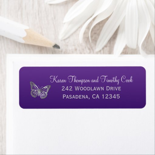 Purple, Silver Butterfly Return Address Label | Zazzle