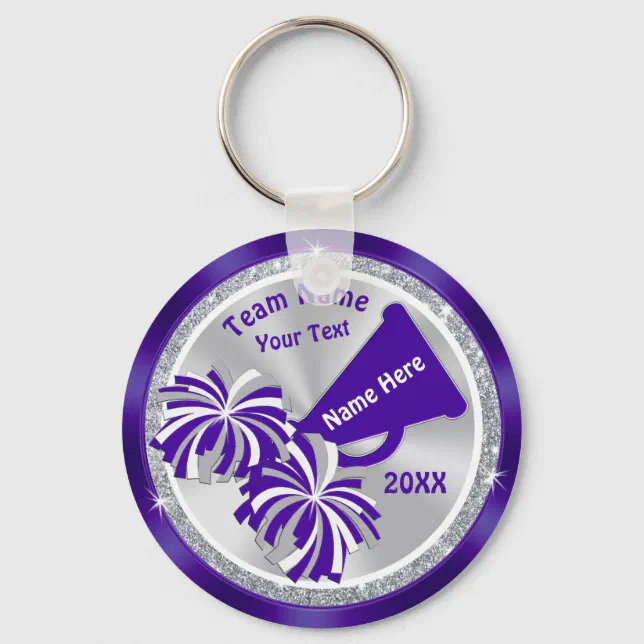 Purple Silver Cheap Personalized Cheer Bag Tags Keychain | Zazzle