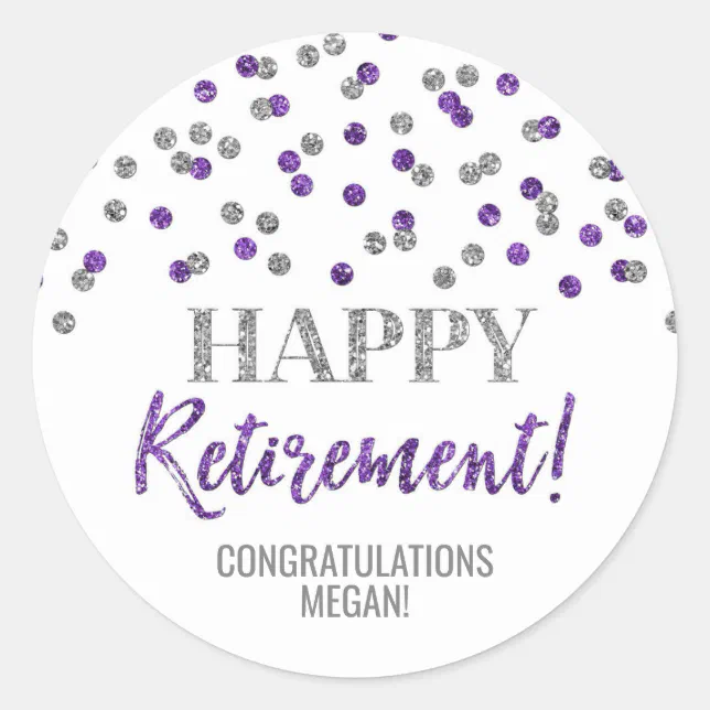 Purple Silver Confetti Happy Retirement Classic Round Sticker | Zazzle