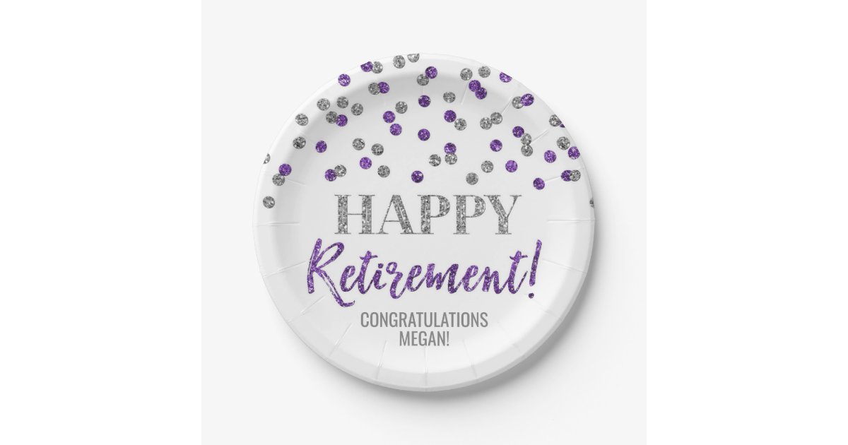 Purple Silver Confetti Happy Retirement Paper Plates | Zazzle