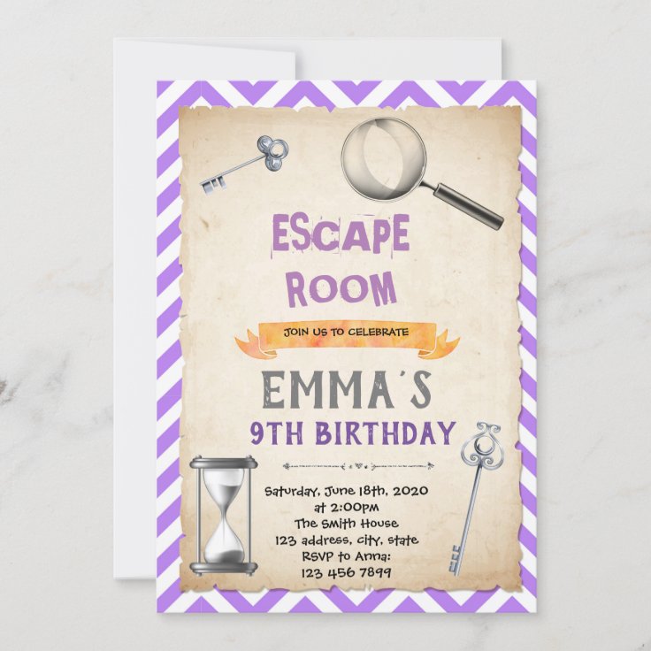 Purple silver escape room birthday party invitation | Zazzle