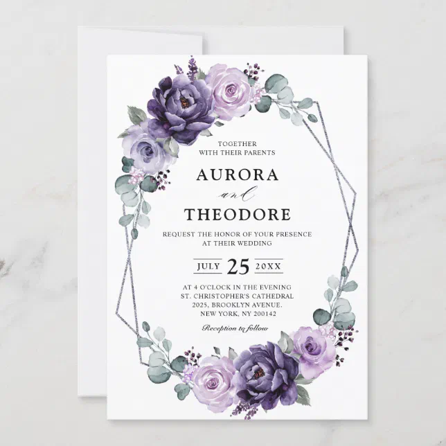 Purple Silver Floral Blooms Geometric Wedding Invitation | Zazzle