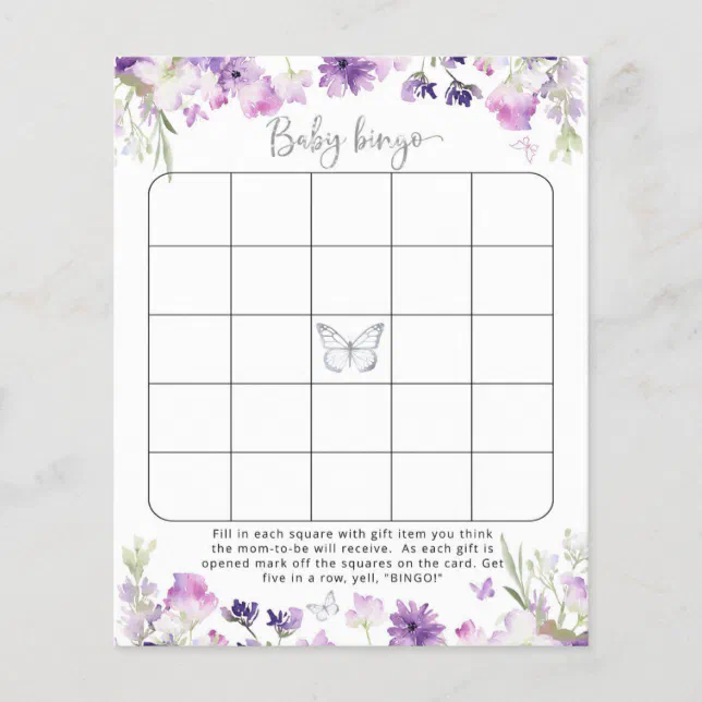Purple silver floral butterfly baby bingo | Zazzle