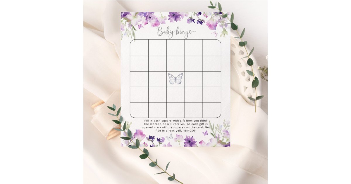 Purple silver floral butterfly baby bingo | Zazzle