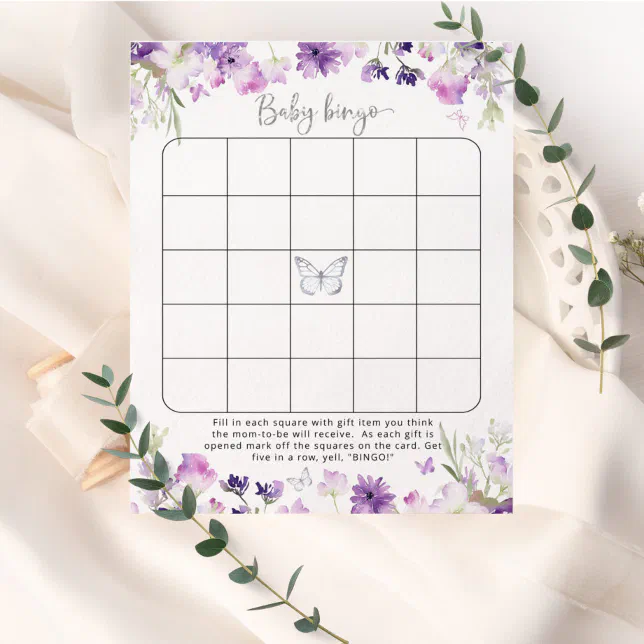 Purple silver floral butterfly baby bingo | Zazzle