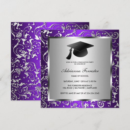 Purple Silver Floral Pattern Black Graduation Hat Invitation | Zazzle