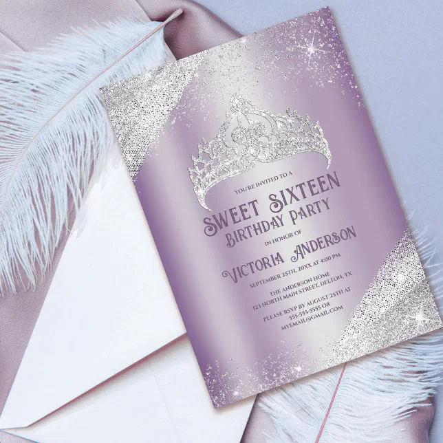 Purple Silver Glitter Princess Tiara Sweet 16 Invi Invitation | Zazzle