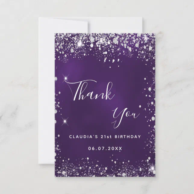 Purple silver glitter sparkle elegant thank you card | Zazzle