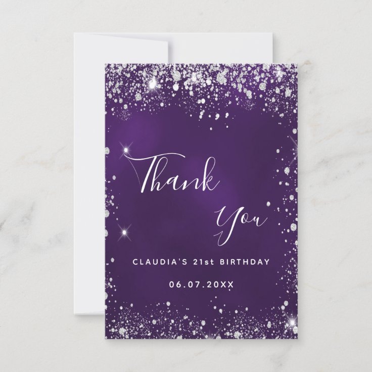 Purple silver glitter sparkle elegant thank you card | Zazzle