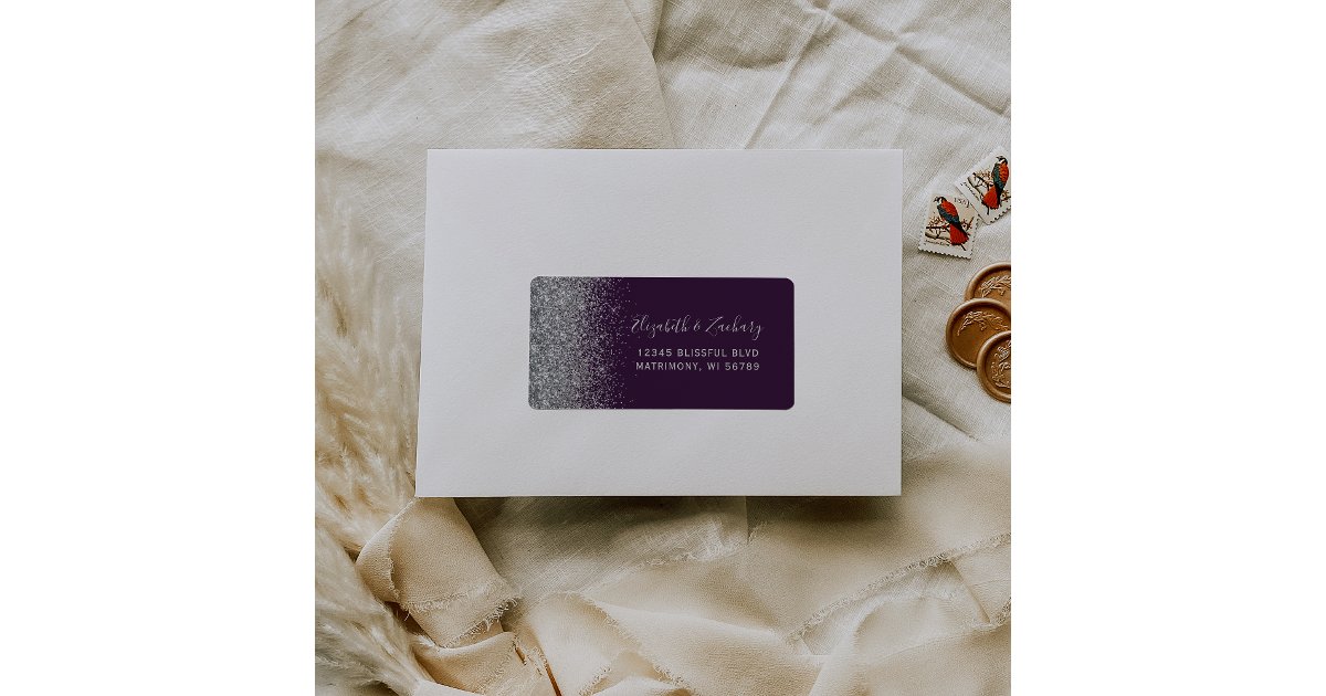 Purple Silver Glitter Wedding RSVP Self-Address Label | Zazzle