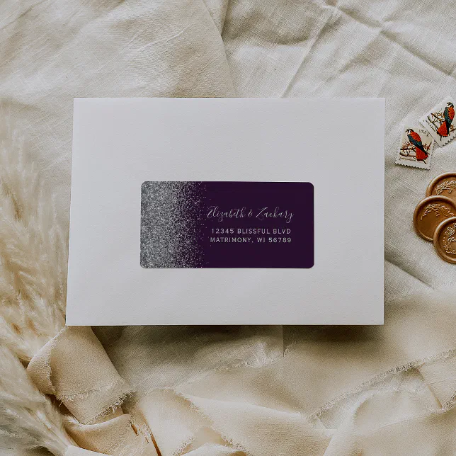 Purple Silver Glitter Wedding RSVP Self-Address Label | Zazzle