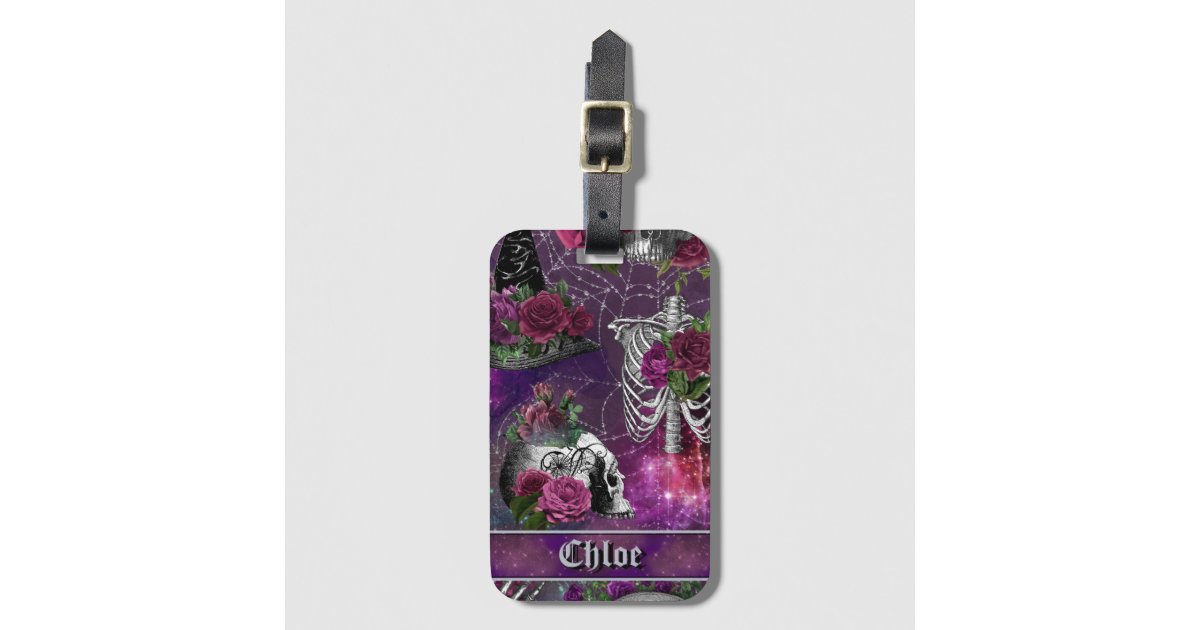 Purple Silver Gothic Witch Skull and Roses Luggage Tag | Zazzle