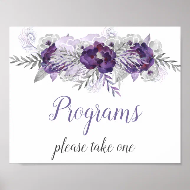 Purple Silver Gray Floral Wedding Programs Sign | Zazzle