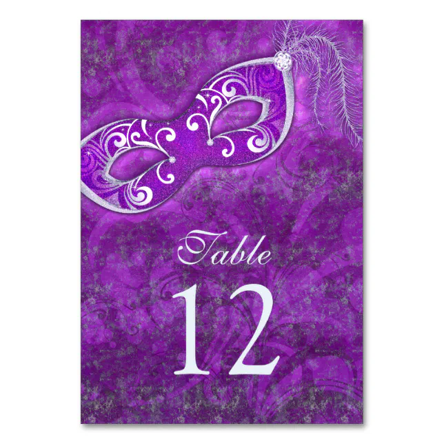 Purple Silver Masquerade Ball Mardi Gras Wedding Table Number | Zazzle