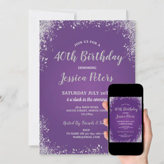 Purple & Silver Party Elegant Birthday Sparkle Invitation | Zazzle