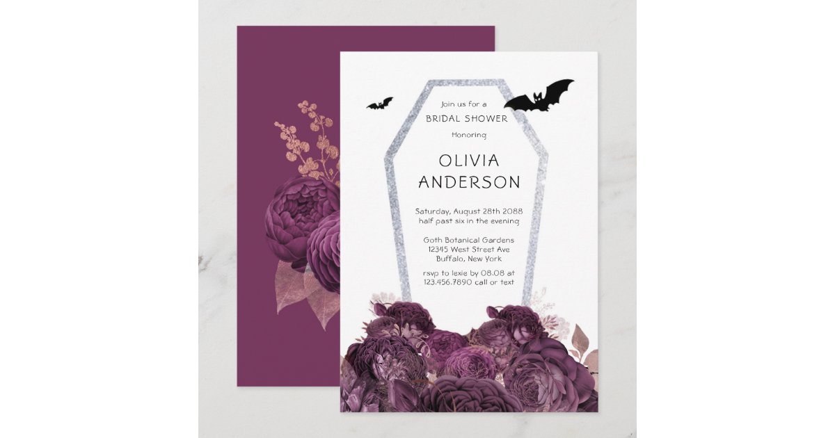 Purple Silver Peony Coffin Bats Bridal Shower Invitation | Zazzle