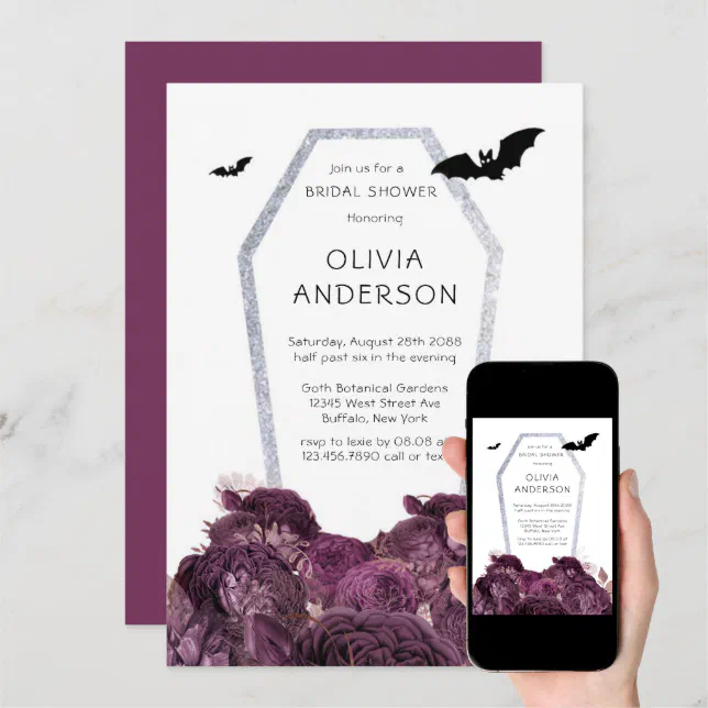 Purple Silver Peony Coffin Bats Bridal Shower Invitation | Zazzle
