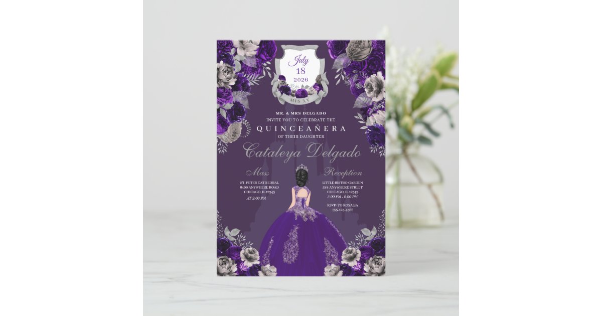 Purple & Silver Princess Castle Quinceañera Invitation | Zazzle