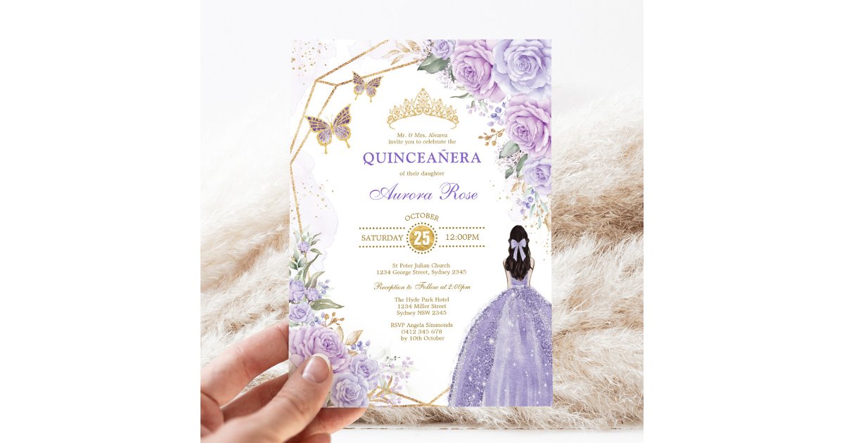 Purple Silver Quinceañera Butterfly Princess Party Invitation | Zazzle