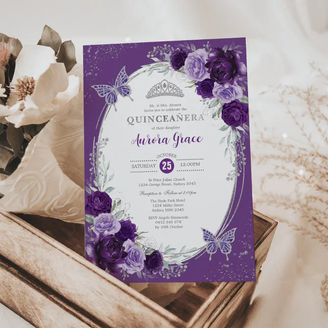 Purple Silver Quinceañera Mis Quince 15 Anos Invitation | Zazzle