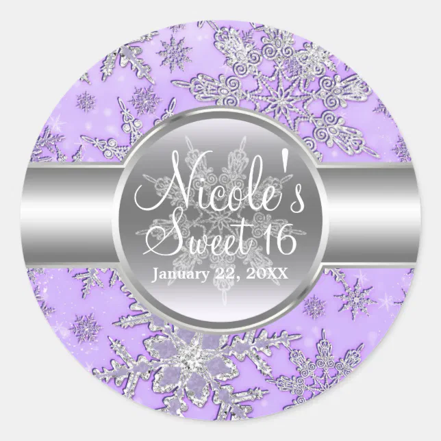 Purple Silver Snowflakes Winter Wonderland Party Classic Round Sticker ...