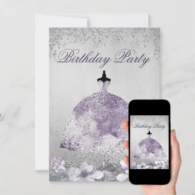 Purple Silver Sparkle Dress Birthday Party Invite | Zazzle