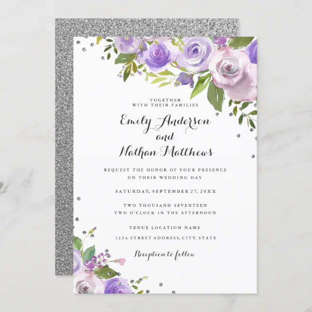 Purple Silver Sparkle Floral Wedding Invitation | Zazzle