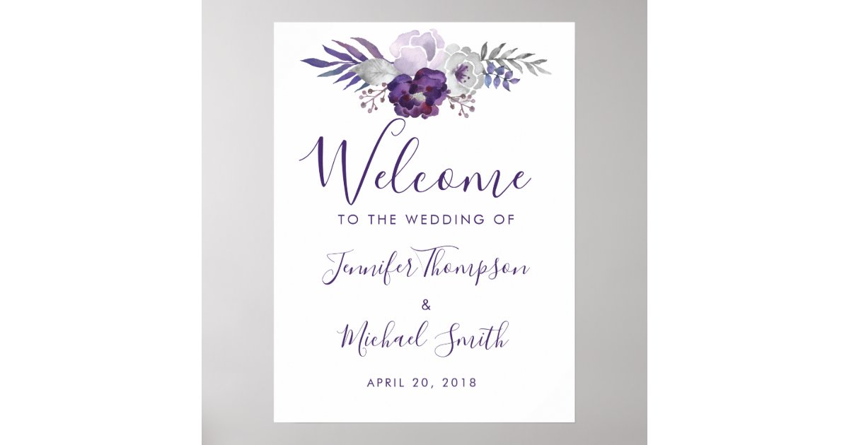 Purple & Silver Watercolor Floral Wedding Welcome Poster | Zazzle