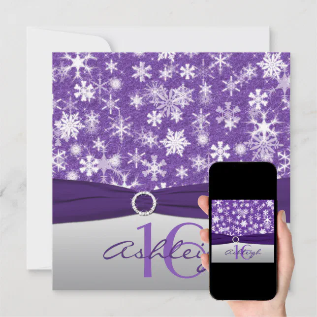 Purple Silver White Snowflake Birthday Invitation | Zazzle