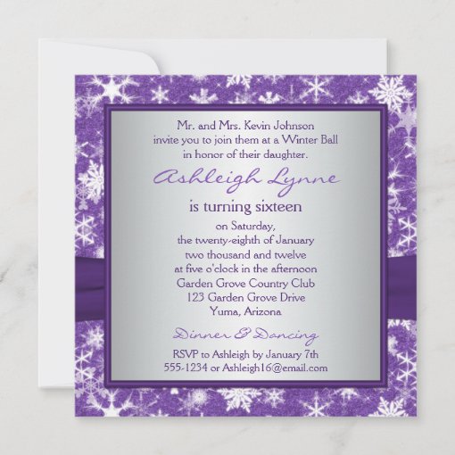 Purple Silver White Snowflake Birthday Invitation | Zazzle