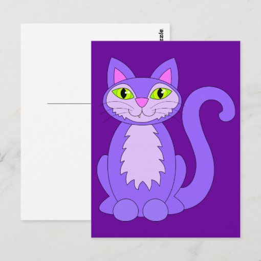 Purple Snaggletooth Kitty Cat Green Eyes Cartoon Postcard | Zazzle