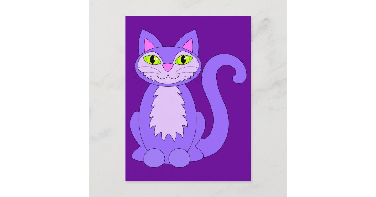 Purple Snaggletooth Kitty Cat Green Eyes Cartoon Postcard | Zazzle