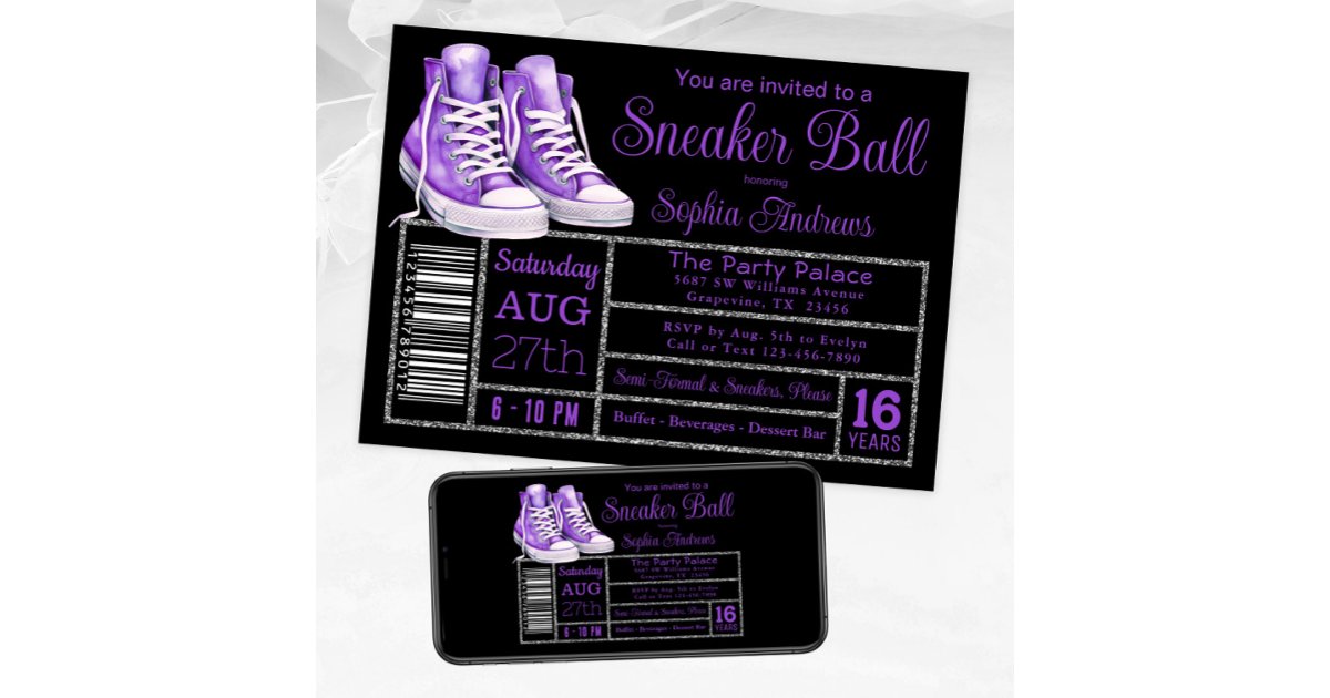 Purple Sneaker Ball Birthday Party Shoe Label Invitation | Zazzle