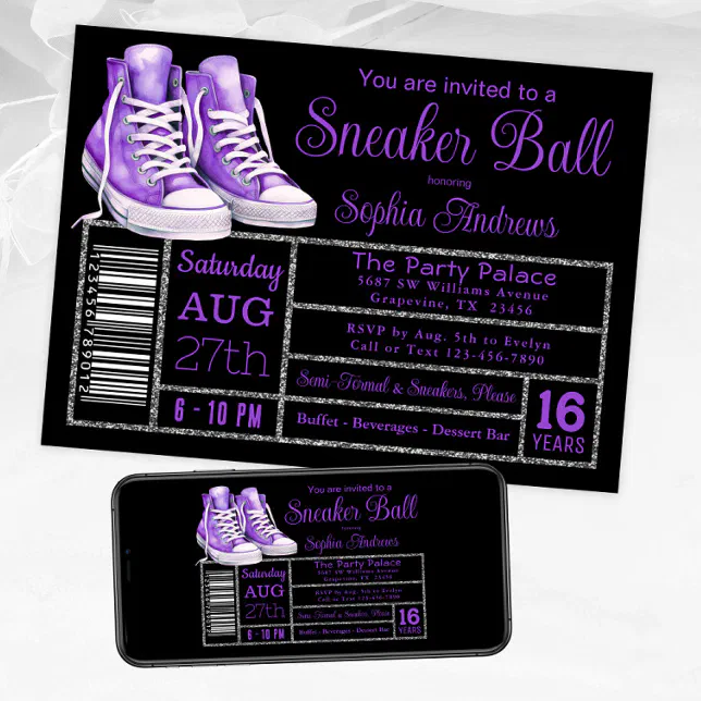 Purple Sneaker Ball Birthday Party Shoe Label Invitation | Zazzle