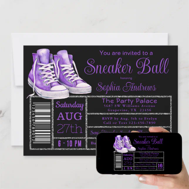 Purple Sneaker Ball Birthday Party Shoe Label Invitation | Zazzle