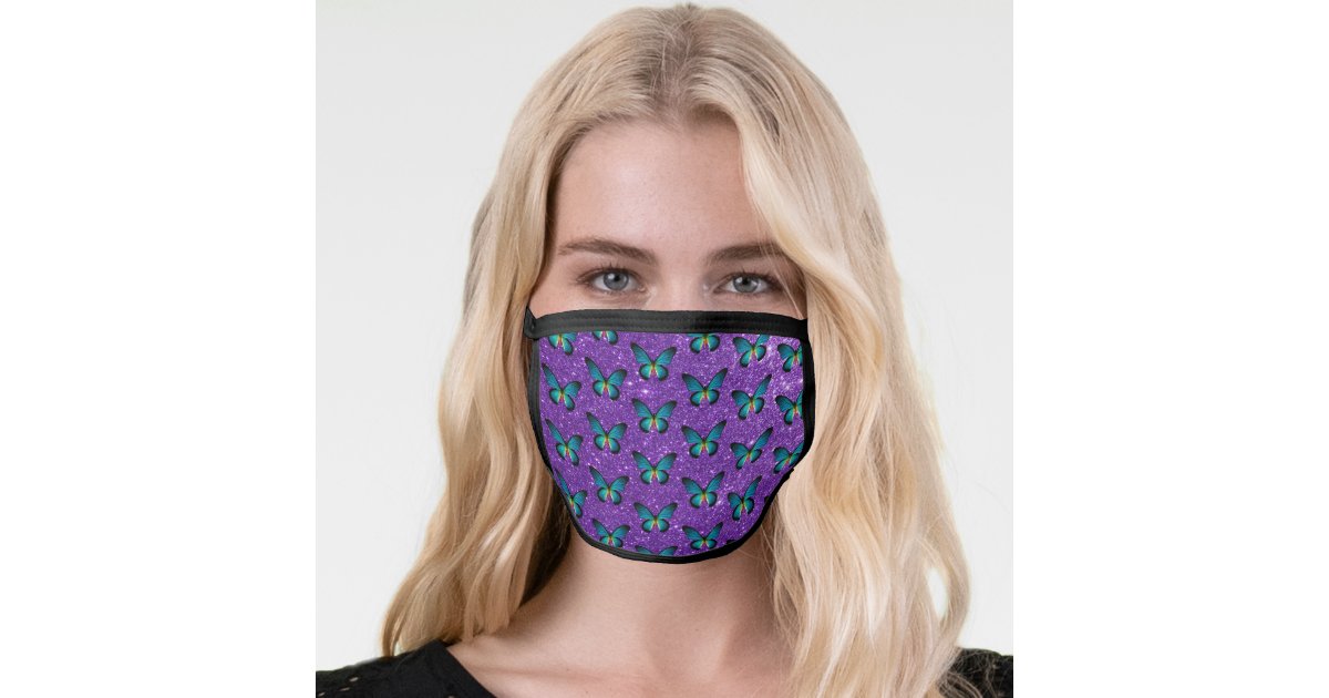 Purple Sparkle Glitter Blue Butterfly Face Mask | Zazzle
