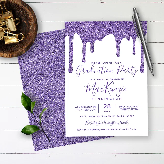 Purple Sparkle Glitter Drips Graduation Party Invi Invitation | Zazzle