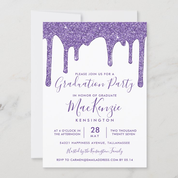 Purple Sparkle Glitter Drips Graduation Party Invi Invitation | Zazzle