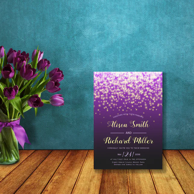 Purple sparkling lights winter night wedding invitation | Zazzle